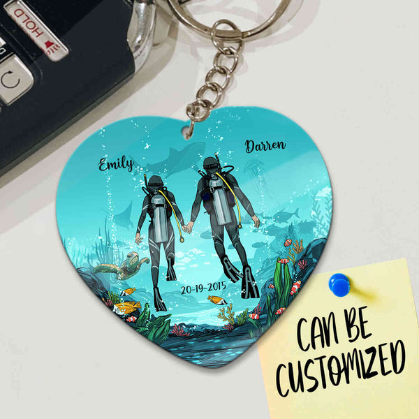 Personalized Scuba Diving Couple Heart Keychain - TrendySweety